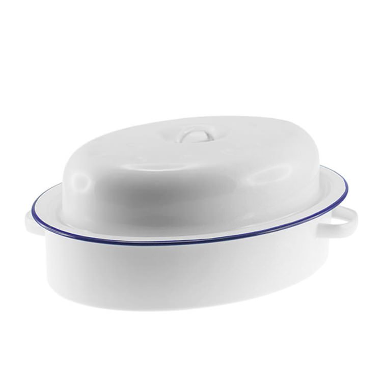 Falcon Enamel Oval Roaster 38x28x17cm White/Blue Rim - On Sale Now! Falcon Enamel Oval Roaster 38x28x17cm White/Blue Rim - On Sale Now!